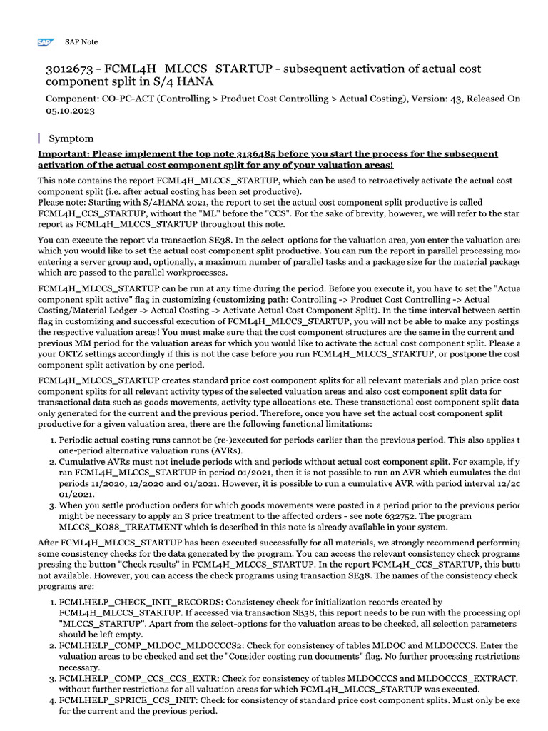 Subsequent Activation of Actual Cost Component Split | PDF