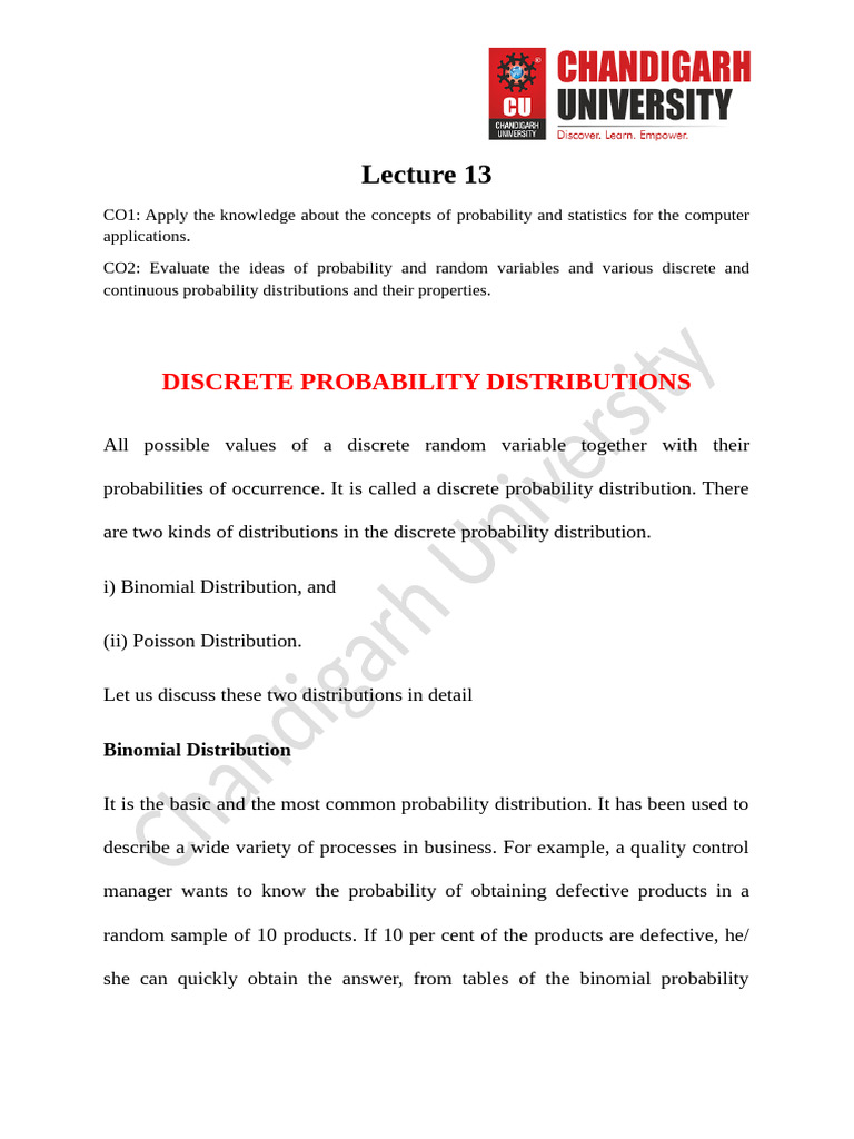 Lecture 13 (Discrete Probability Distribution) | PDF | Probability Distribution | Standard Deviation