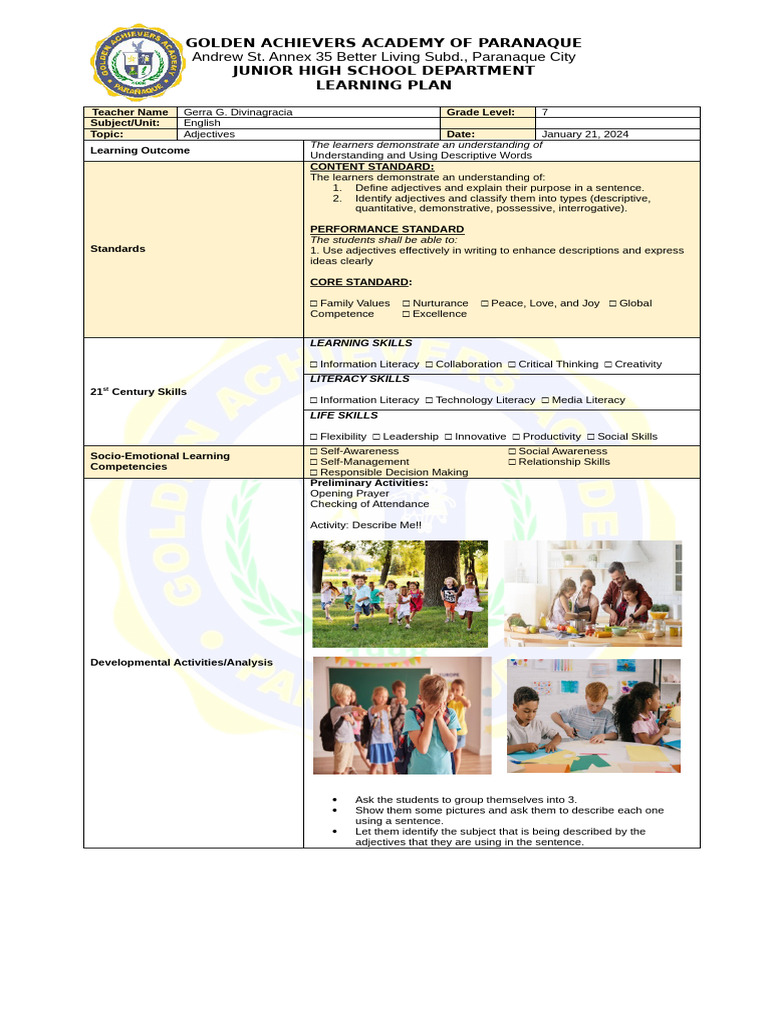 Learning-Plan - Adjectives G7 | PDF | Adjective | Literacy