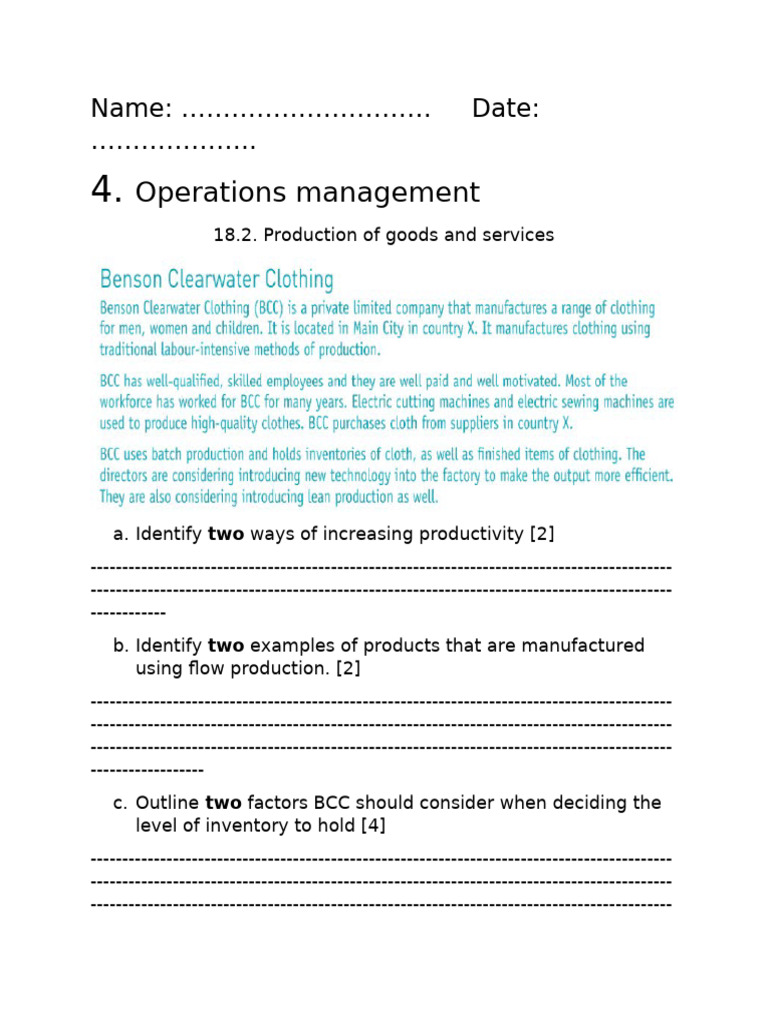 Operations Management Chapter 16 Case Study 2 Production of Goods and Services IGCSE Business ...