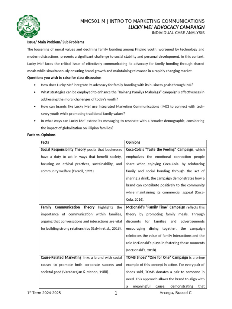 Arcega - Russel - MMC 501M - Lucky Me Indivual Case Analysis - Oct 25 | PDF | Marketing ...