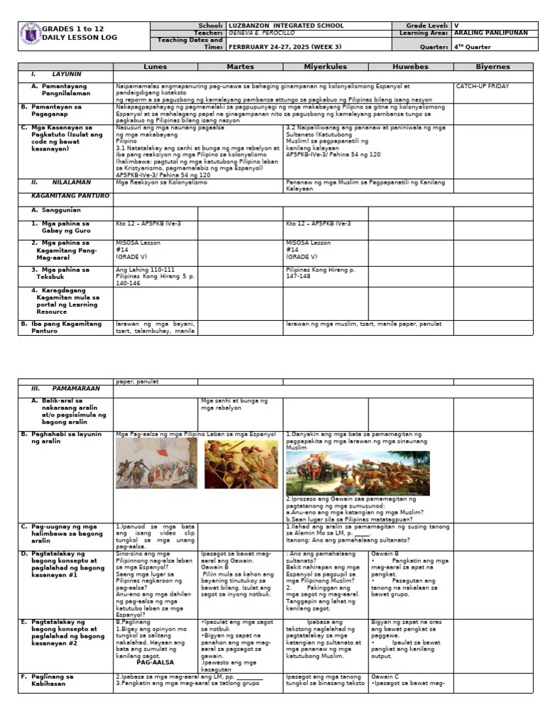 Grade 5 DLL Araling Panlipunan 5 Q4 Week 3 | PDF