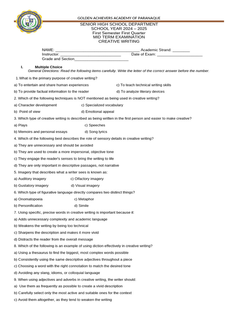 Creative Writing (Midterm Exam) | PDF | Poetry | Narration