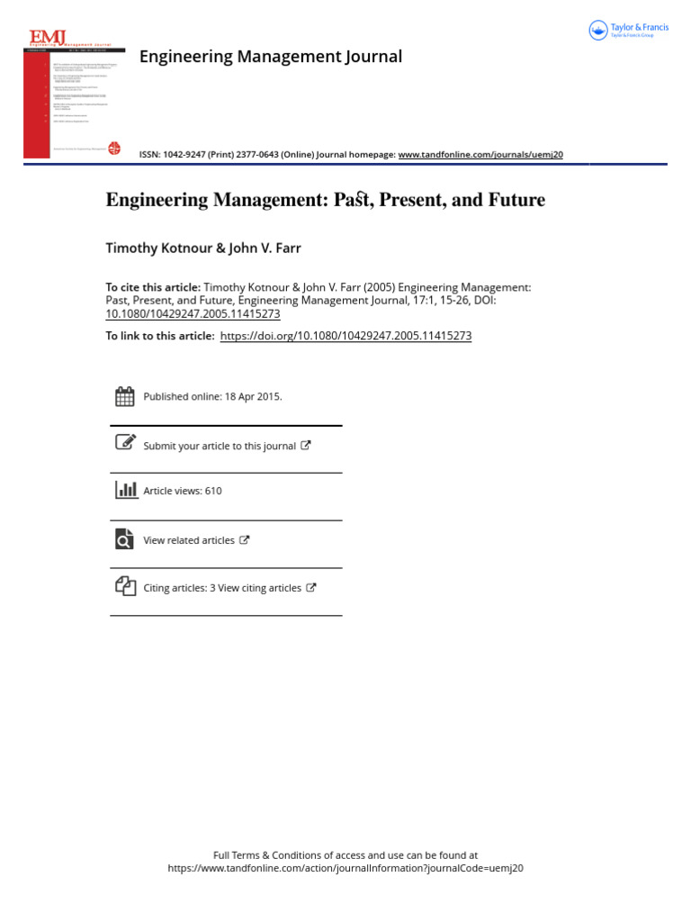 Kotnour, Farr. 2005. Engineering Management Past Present and Future | PDF | Engineering | Knowledge