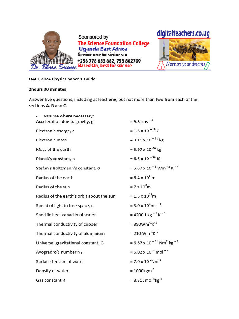 UACE 2024 Physics Paper 1 Guide | PDF | Gases | Photoelectric Effect