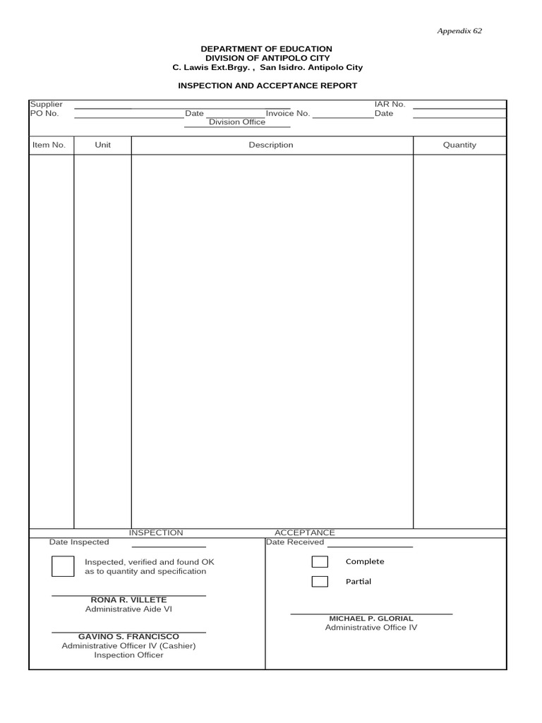 Inspection and Acceptance Report (Iar) | PDF