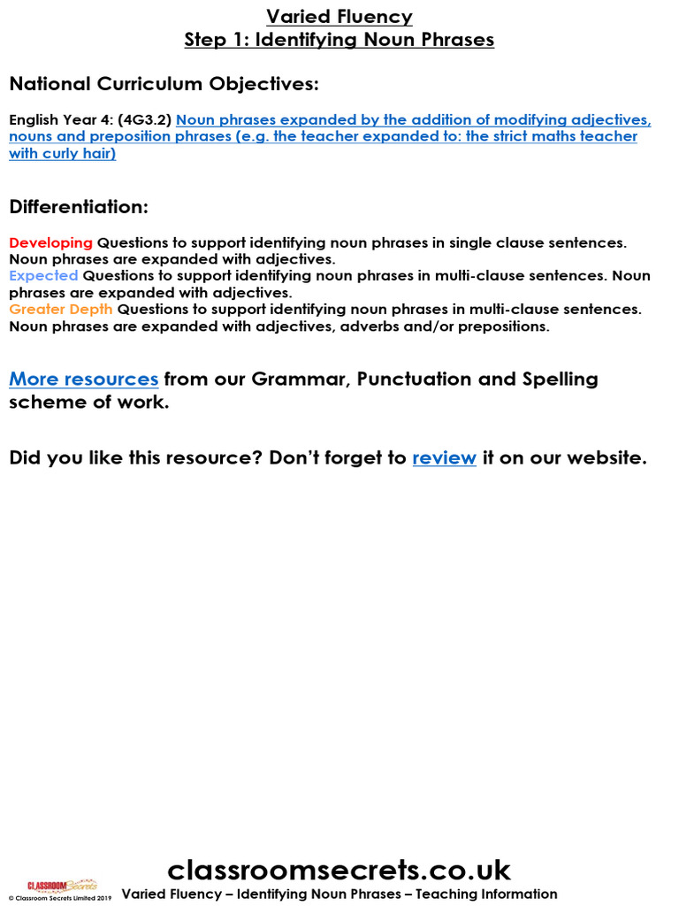 GPS Year 4 Spring Block 3 Step 1 VF Identifying Noun Phrases | PDF ...