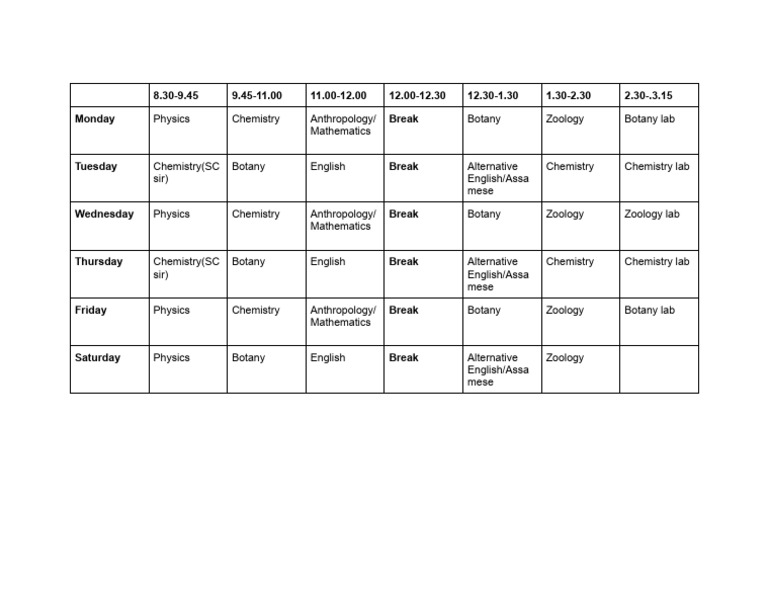 1st Year Science Timtable | PDF