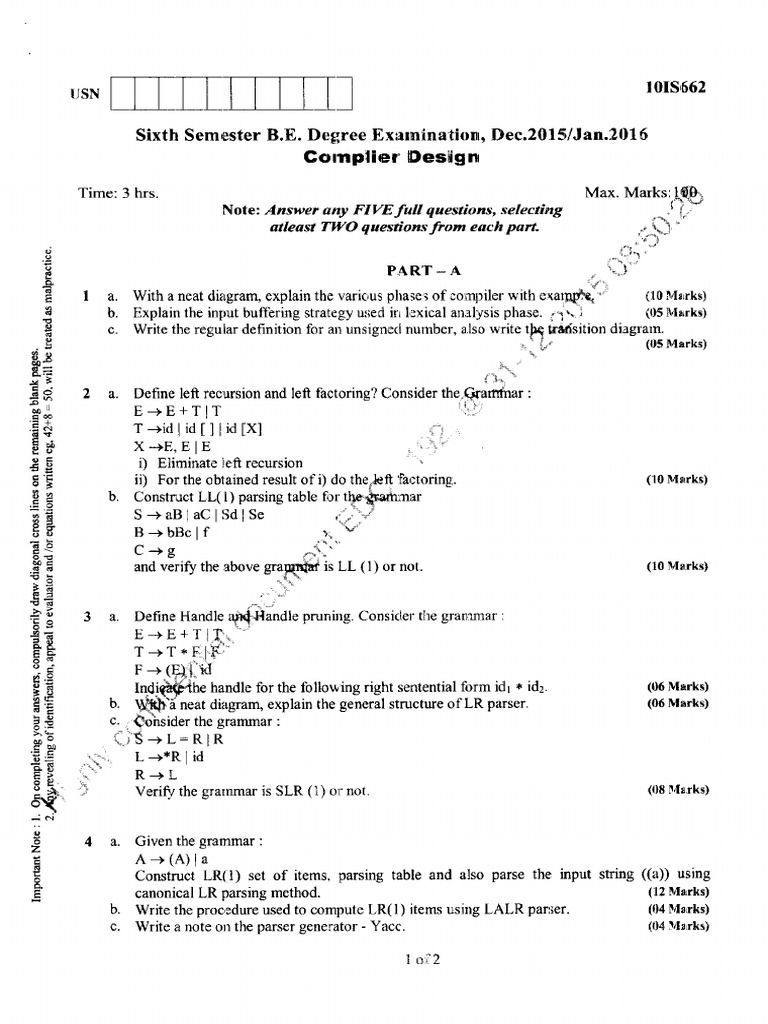 Be Cs 6 Sem Compiler Design Dec 2015 | PDF