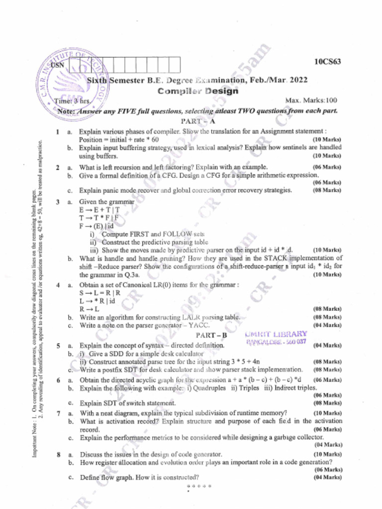 VTU Question Paper of 10CS63 Compiler Design Feb-2022 | PDF