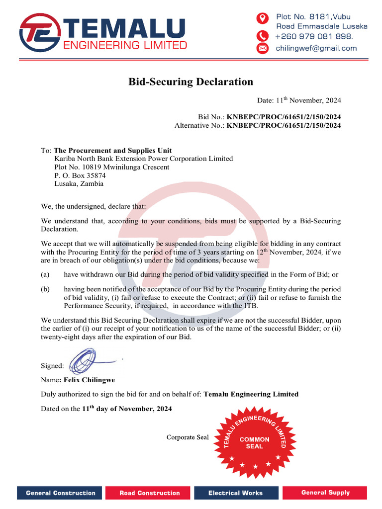 BID SECURING DECLARATION | PDF