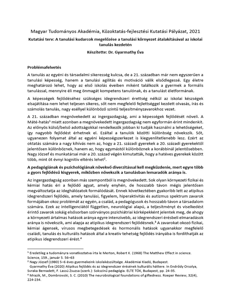 MTA-AVKF Tanulasi Kornyezet Kutatasi-Terv | PDF