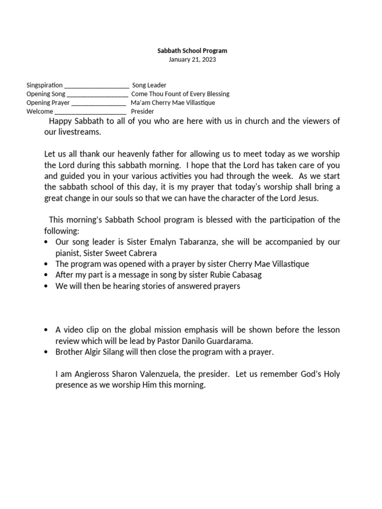 Sabbath School Presider Script | PDF