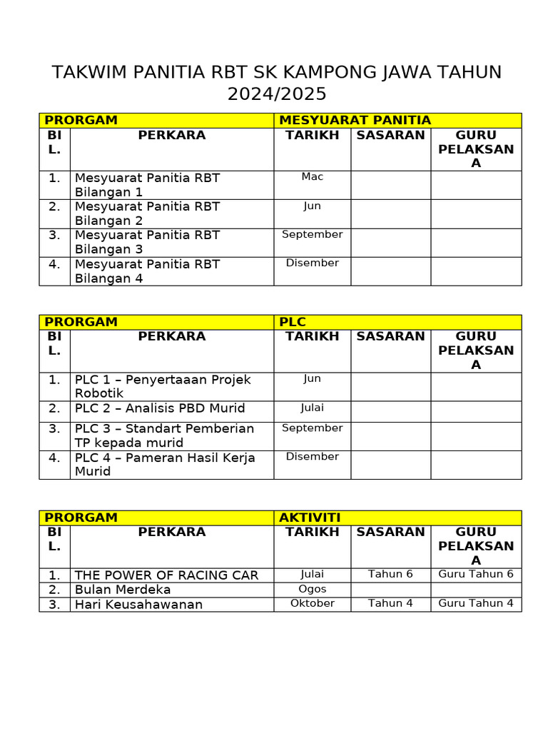 Takwim Panitia RBT SK Kampong Jawa Tahun 2024 | PDF