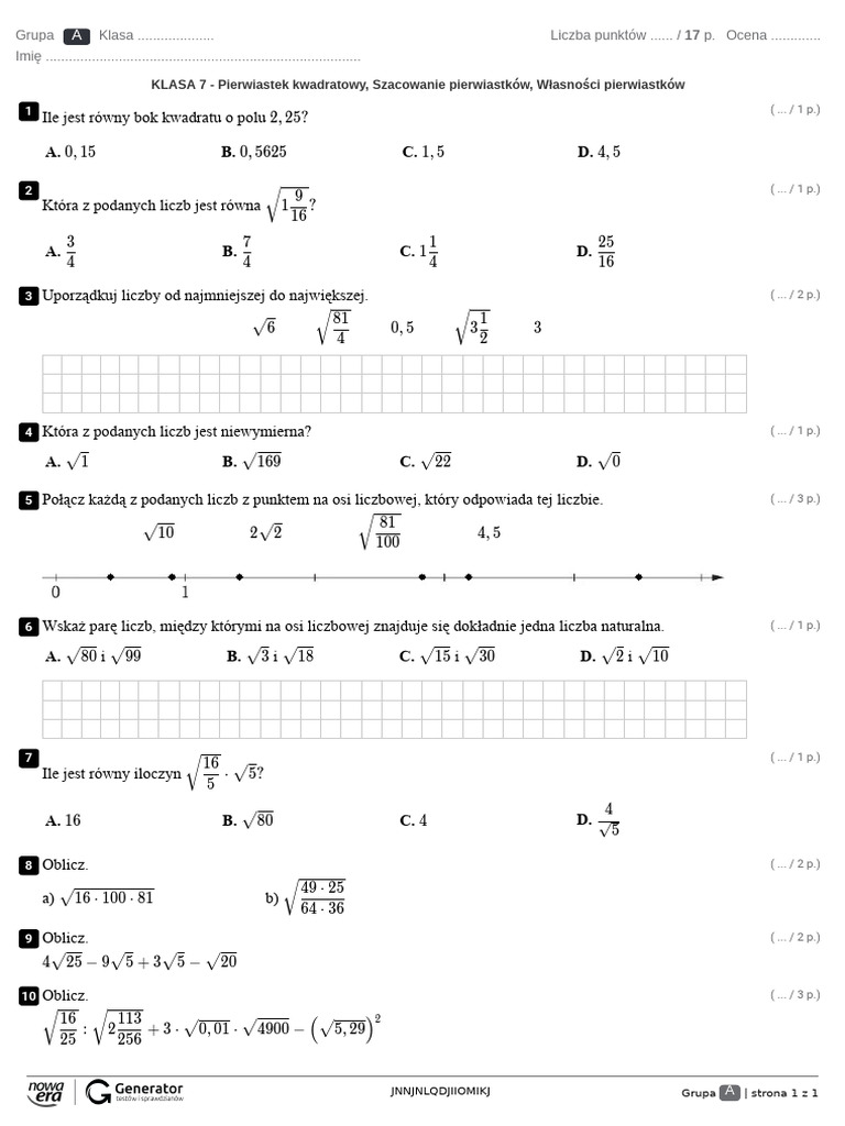 KLASA 7 - Pierwiastek Kwadratowy, Szacowanie Pierwiastków, Własności ...