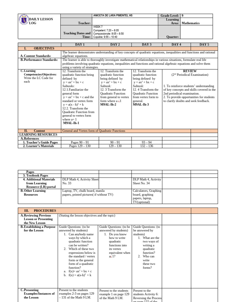 Quadratic Functions Lesson Plan | PDF | Quadratic Equation | Equations