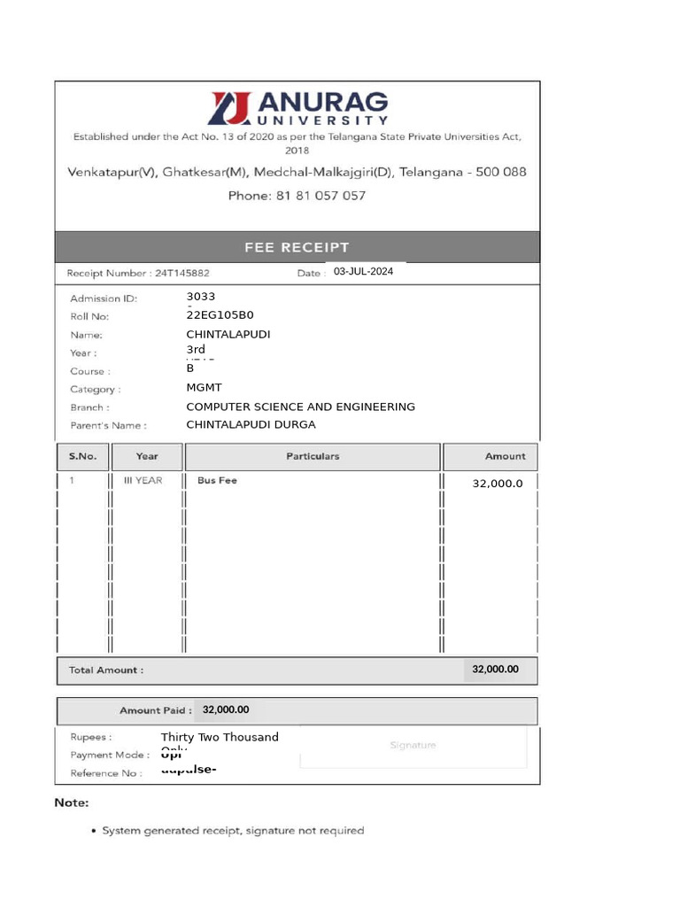 22EG105B0 9 3033 3 Chintalapudi B 3rd Year MGMT: Aupulse-22117 Upi | PDF