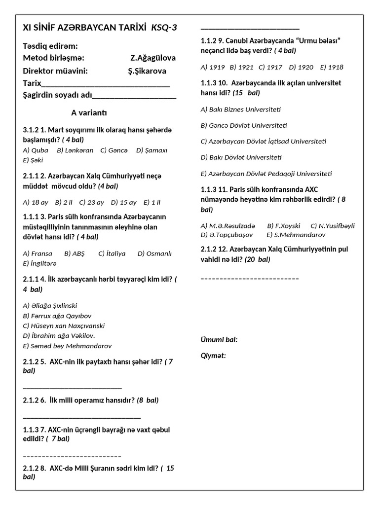 IX Sinif Azərbaycan Tarixi KSQ-3 | PDF
