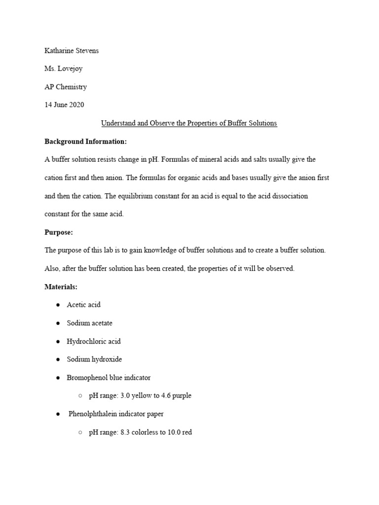 Properties of Buffer Solutions Lab | PDF | Buffer Solution | Acid