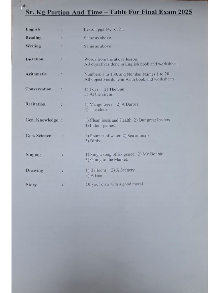 Sr Kg Portion TT Final Exams 2025 | PDF