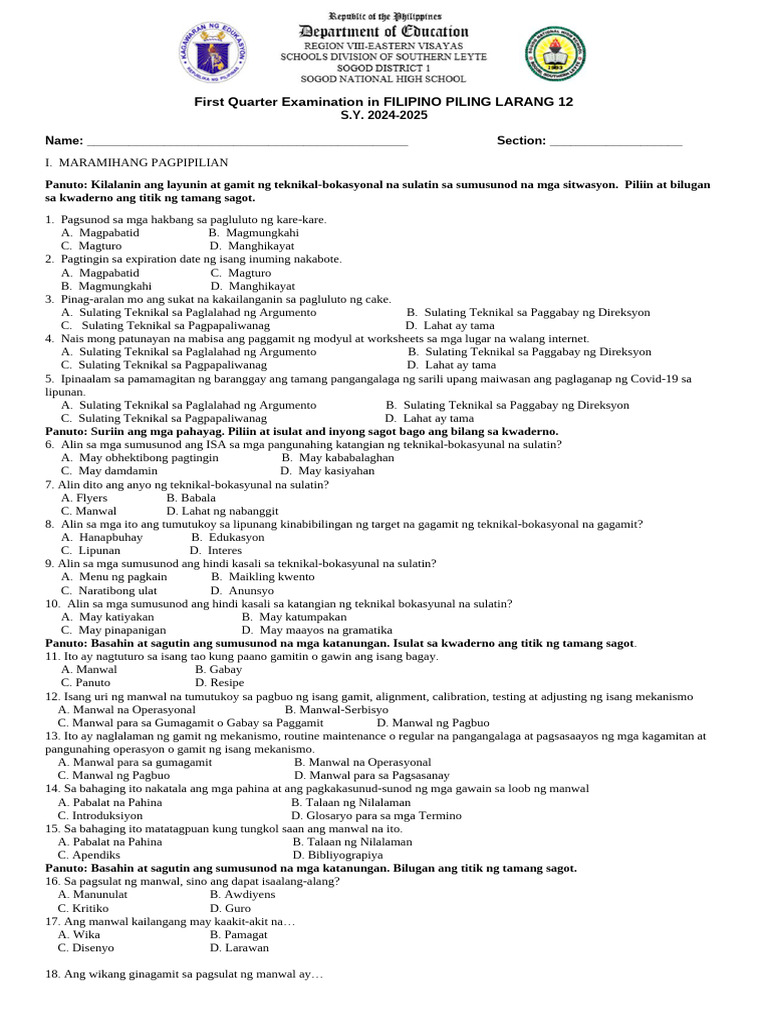 First Quarter Examination in FILIPINO PILING LARANG | PDF