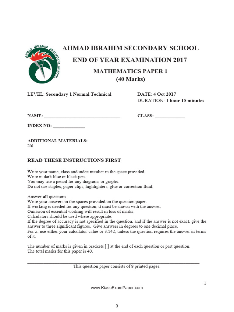 2017_Sec_1_NT_Math_EOY.pdf | PDF | Significant Figures | Area
