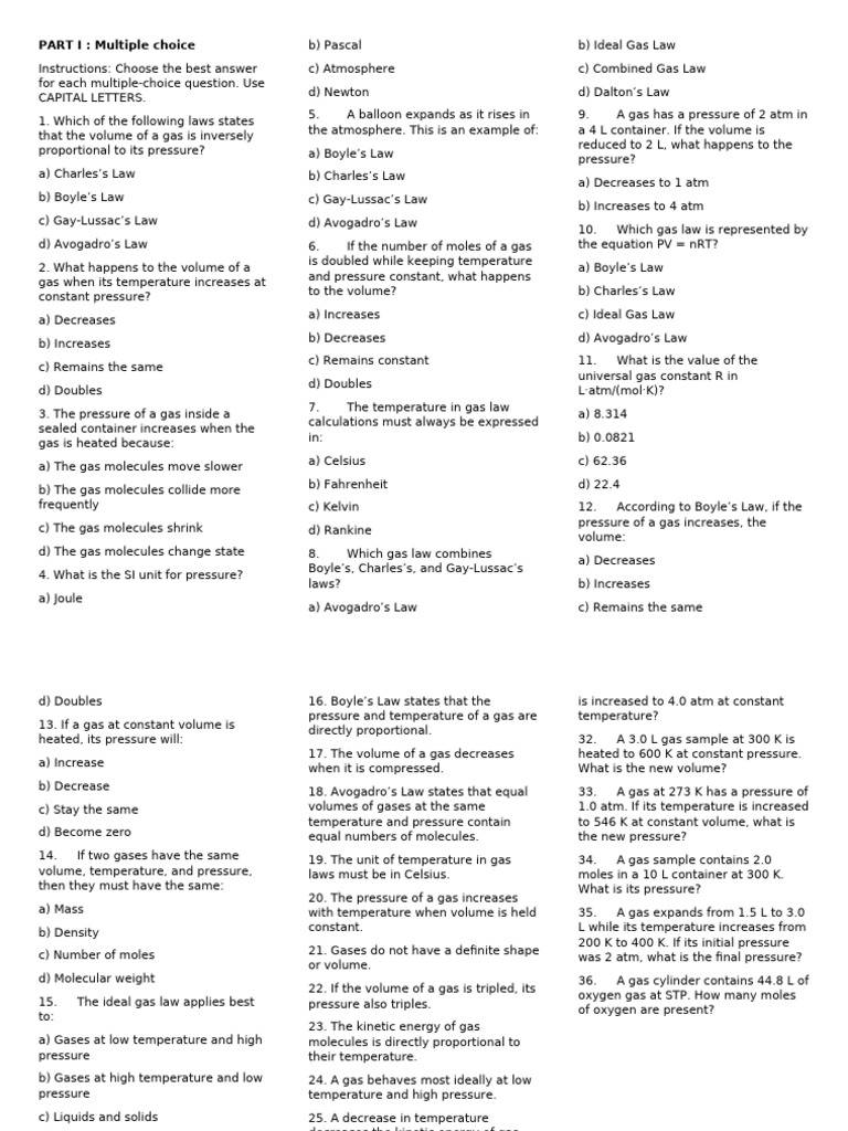 Gas Laws Quiz: Multiple Choice & True/False | PDF | Gases | Temperature
