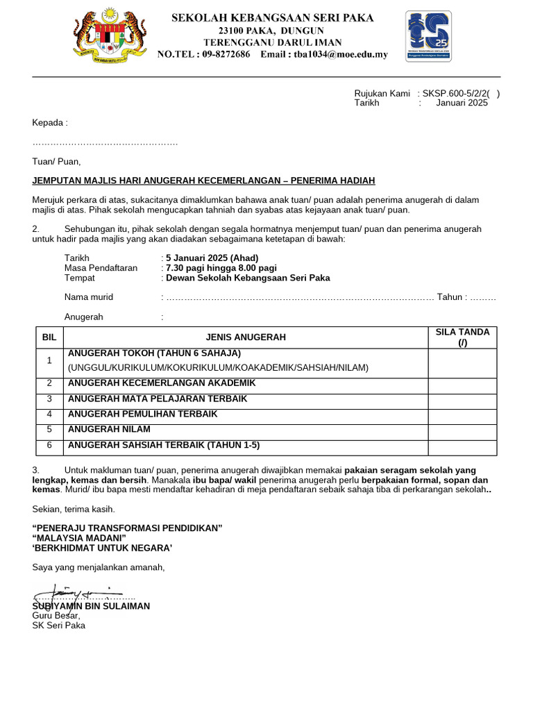 SURAT PENERIMA ANUGERAH Terkini | PDF