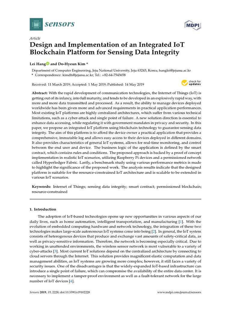 Design and Implementation of an Integrated IoT Blockchain Platform for Sensing Data Integrity ...