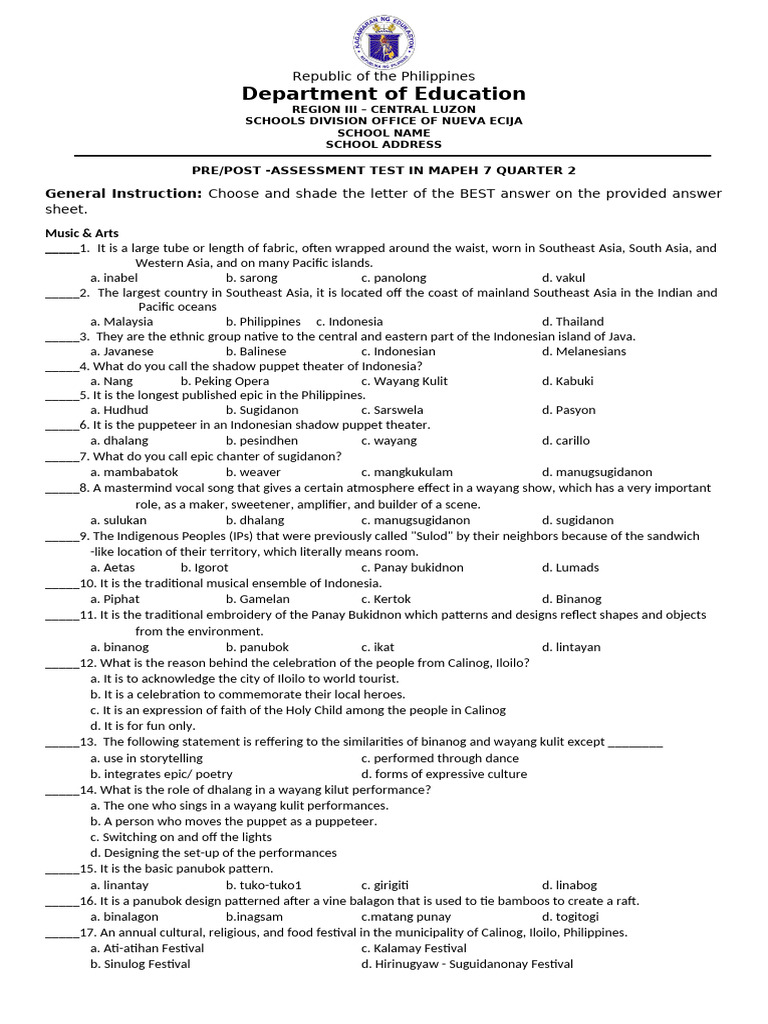 PRE_POST ASSESSMENT TEST FOR Q2 MAPEH 7 | PDF | Adolescence