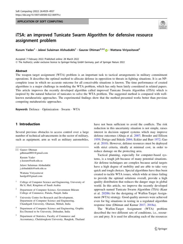 iTSA An Improved Tunicate Swarm Algorithm For Defensive Resource Assignment Problem | PDF ...