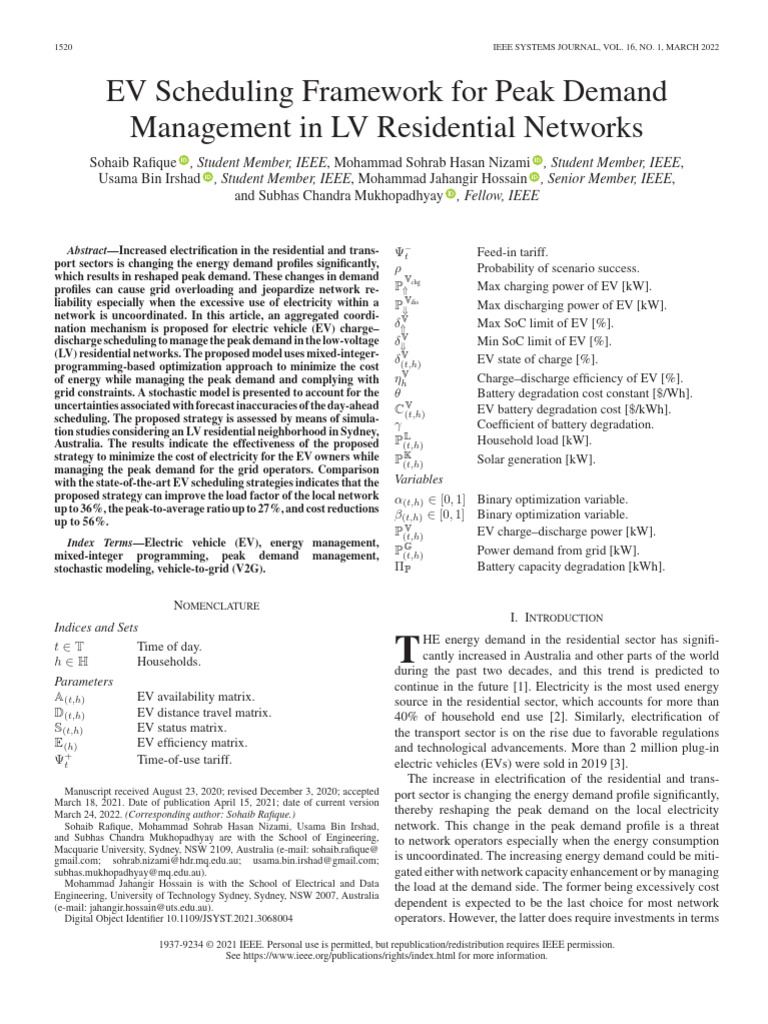 EV Scheduling Framework For Peak Demand Management in LV Residential ...