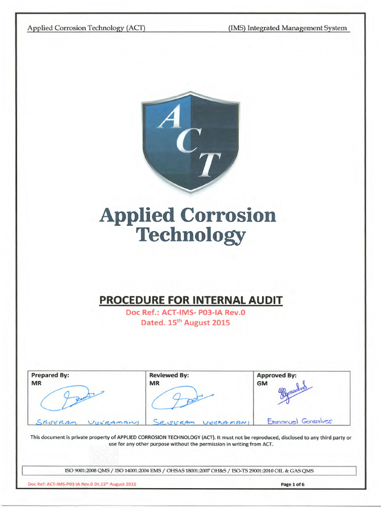 ACT-IMS-P03-IA-Rev 0 Dt. 15th August 2015 Procedure For Internal Audit ...