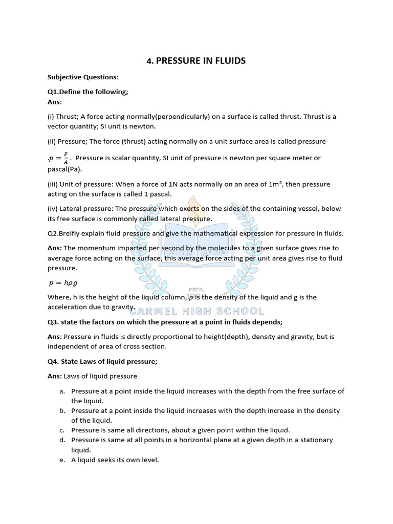 Carmel High School: Pressure in Fluids | PDF | Buoyancy | Pressure