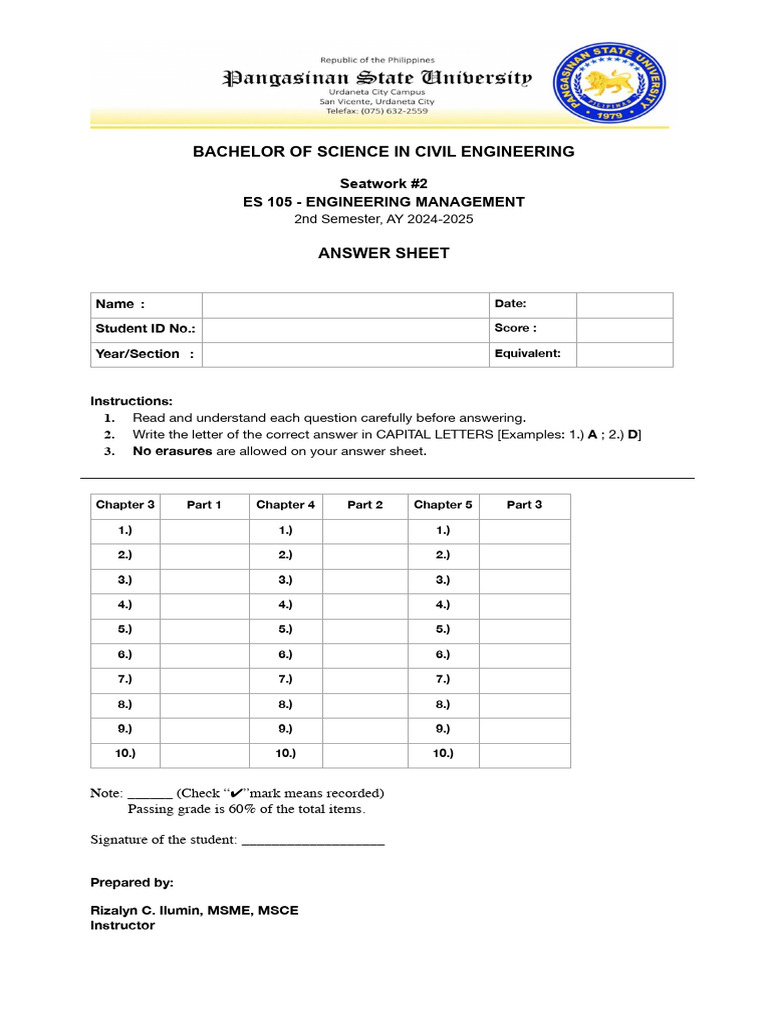 Answer Sheet - Seatwork 2 - Chapters 3 and 4 - Student | PDF