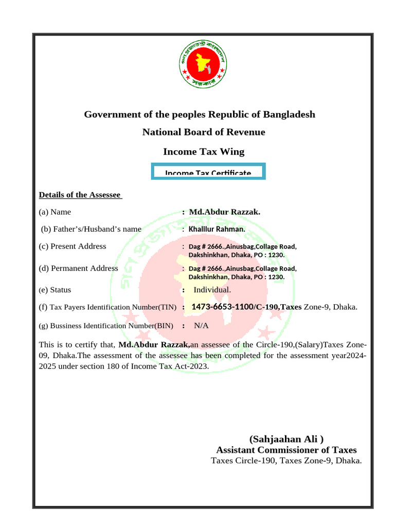 TIN Certificate | PDF | Bangladesh | Taxes