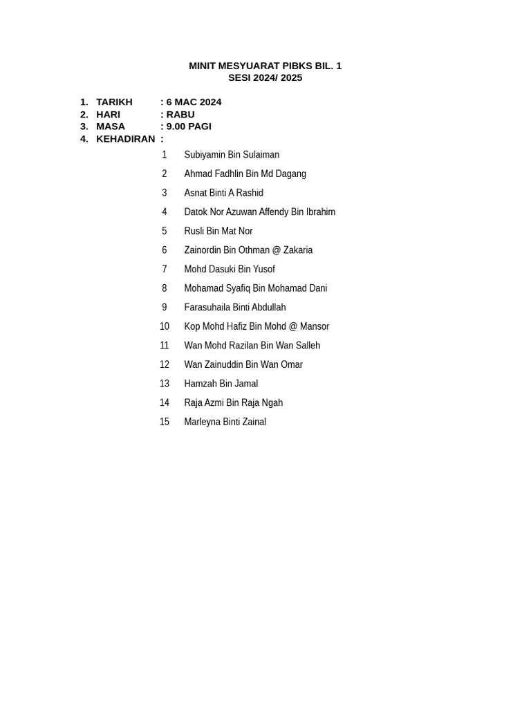 Minit Mesyuarat Pibks 1 Sesi 2024 | PDF