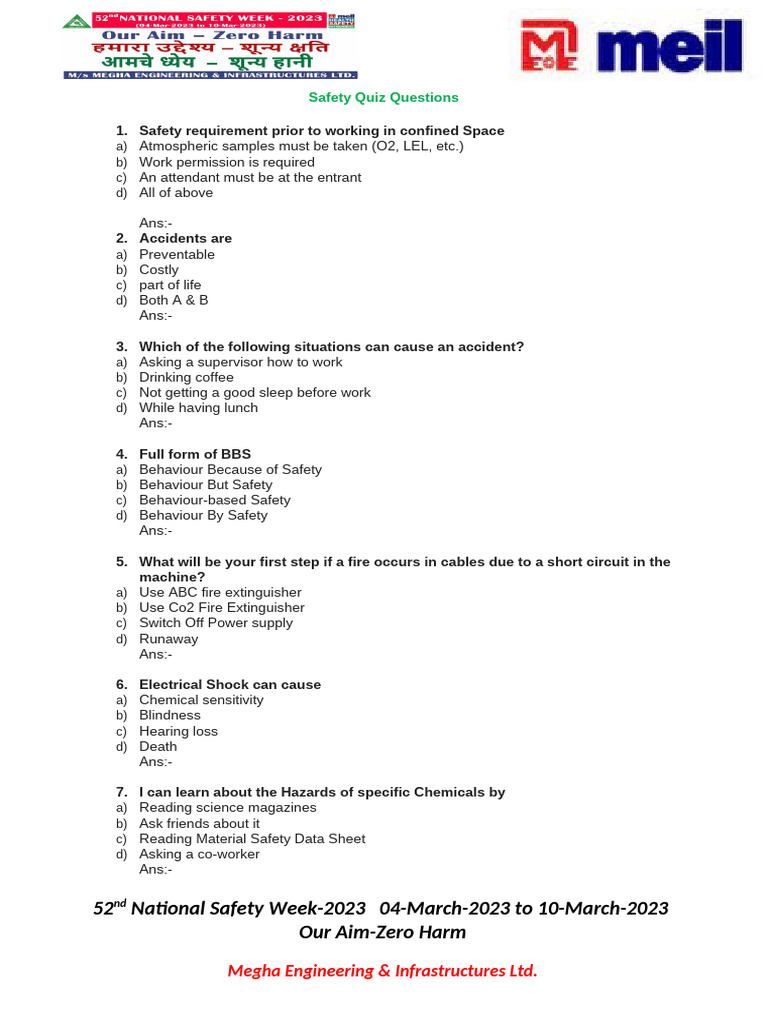 SAFETY QUIZ | PDF | Personal Protective Equipment | Occupational Safety ...