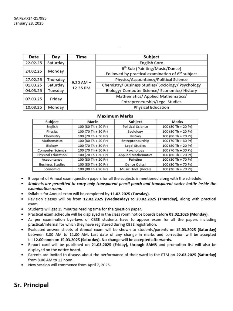Class XI Annual Examination Schedule 202425 CBSE | PDF ...