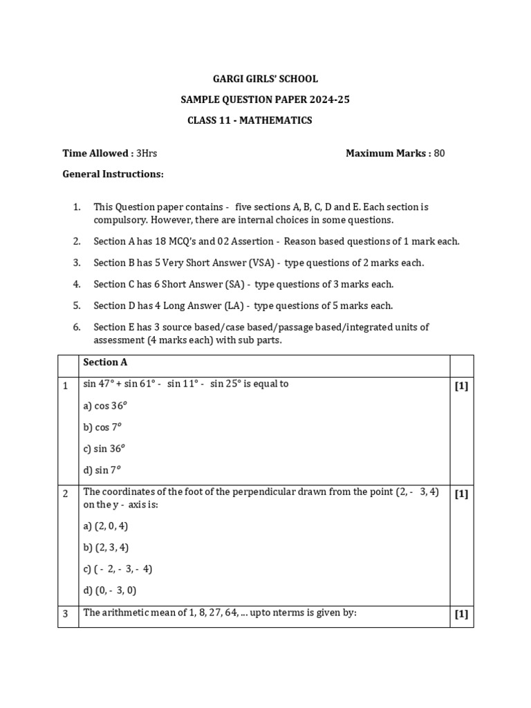 11th Sample Paper 2025 | PDF | Mathematical Analysis | Mathematics