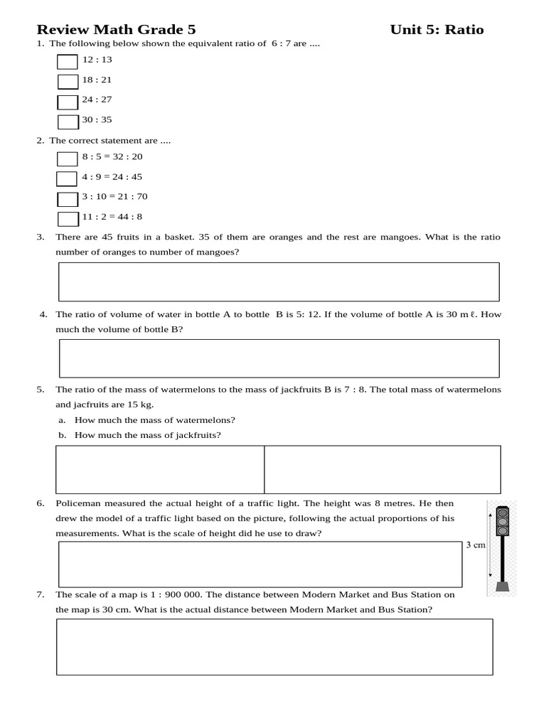 Grade 5 Math Review: Ratios, Percentages, Graphs | PDF | Ratio | Mass