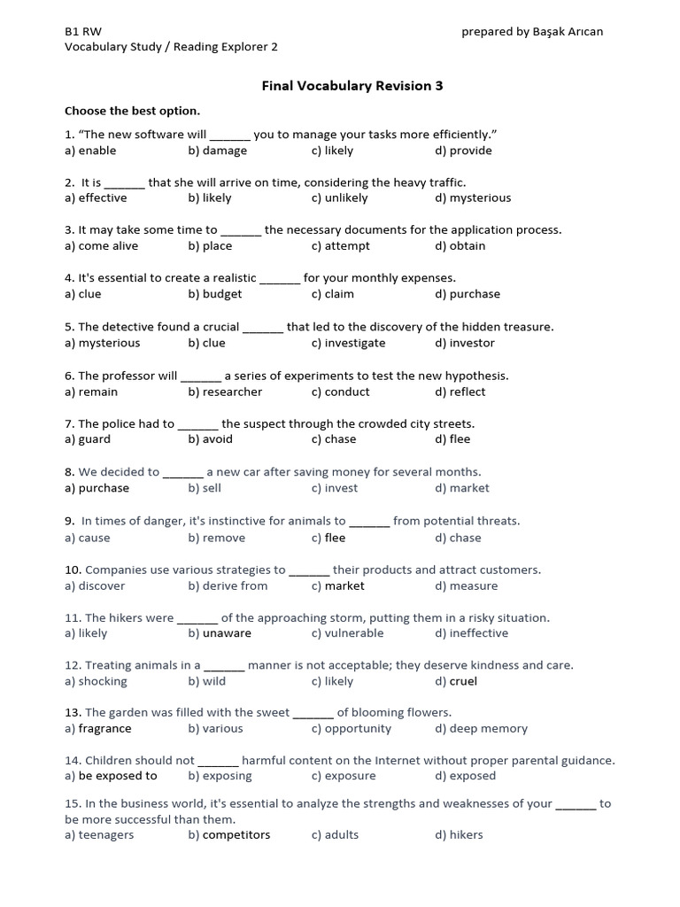 B1 Vocabulary Test and Exercises PDF | PDF