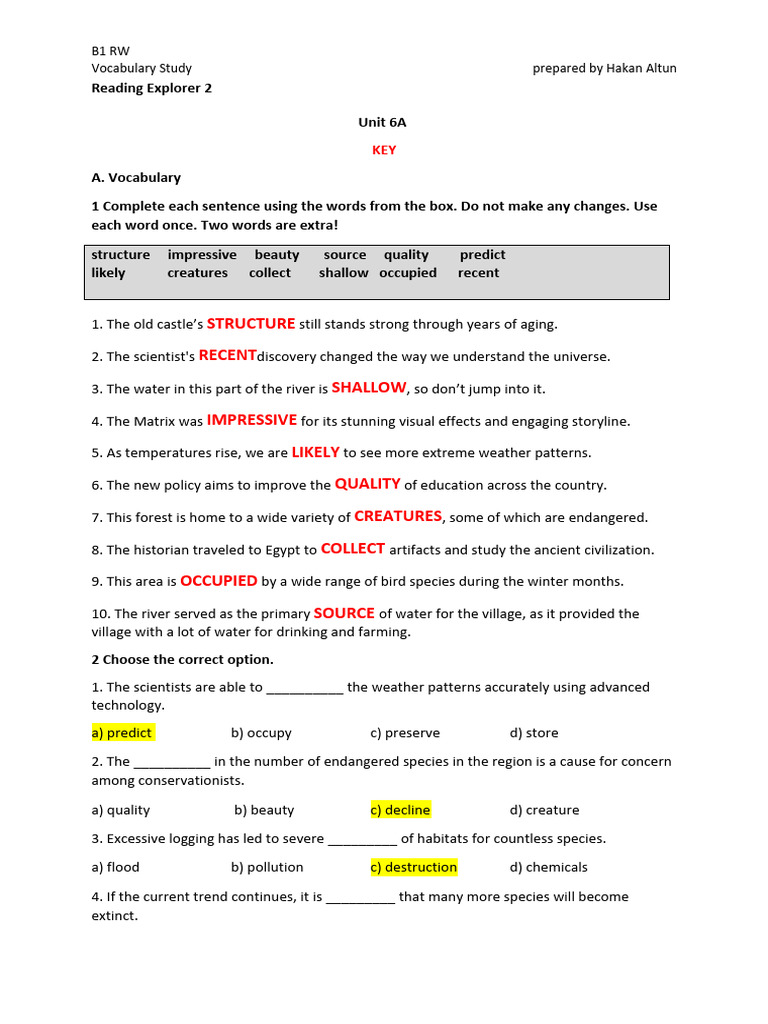 Vocabulary Study (Unit 6A) Key | PDF