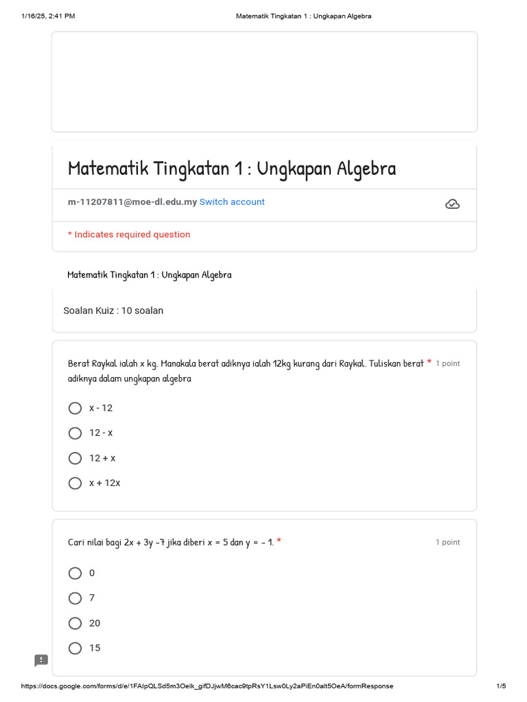 Matematik Tingkatan 1 - Ungkapan Algebra | PDF