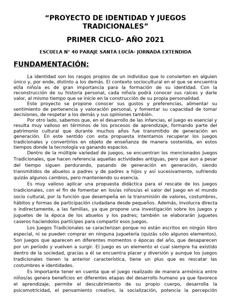 Proyecto de Juegos Tradicionales y Identidad | PDF | Aprendizaje ...