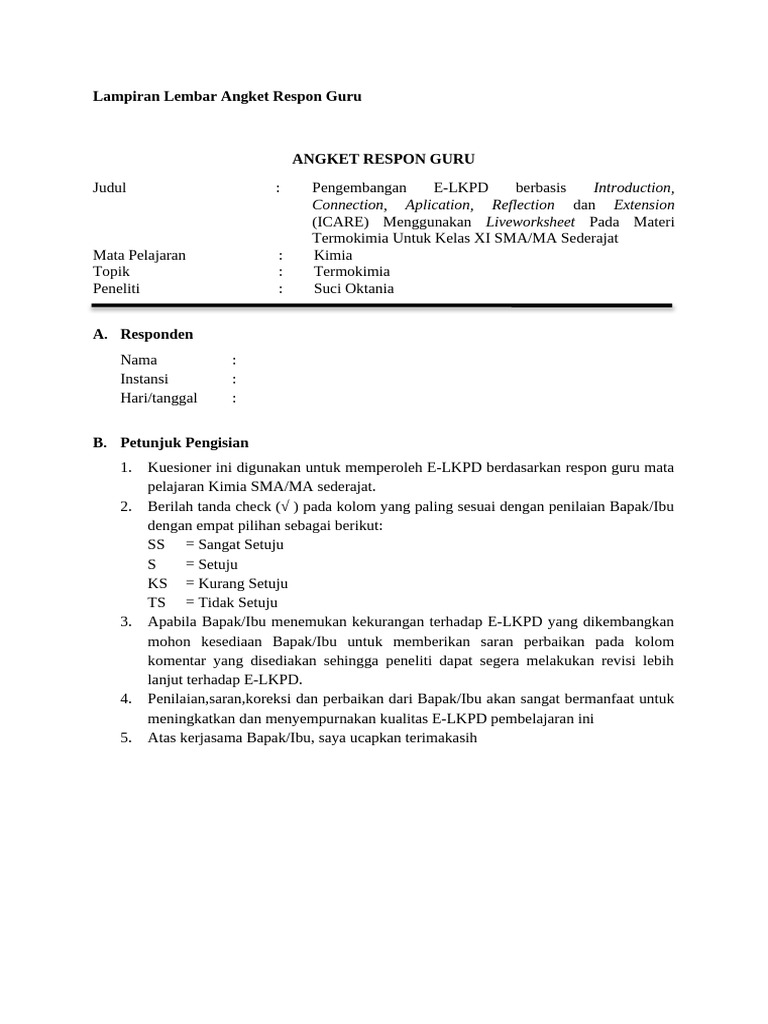 Lembar Angket Respon Guru | PDF