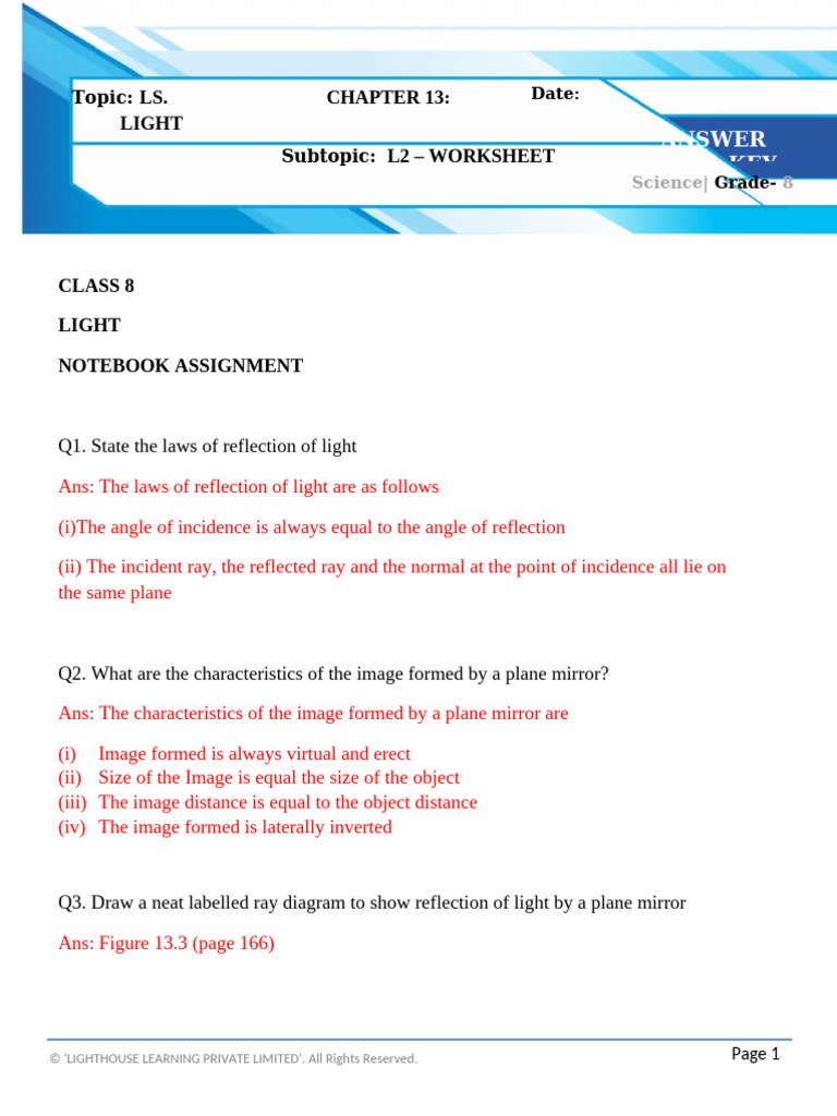 CL 8 Sci Ls.13 Light L-2 NB Asgn (Dec-1) | PDF | Reflection (Physics ...