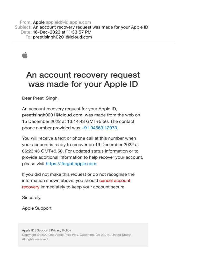 An Account Recovery Request Was Made For Your Apple ID | PDF