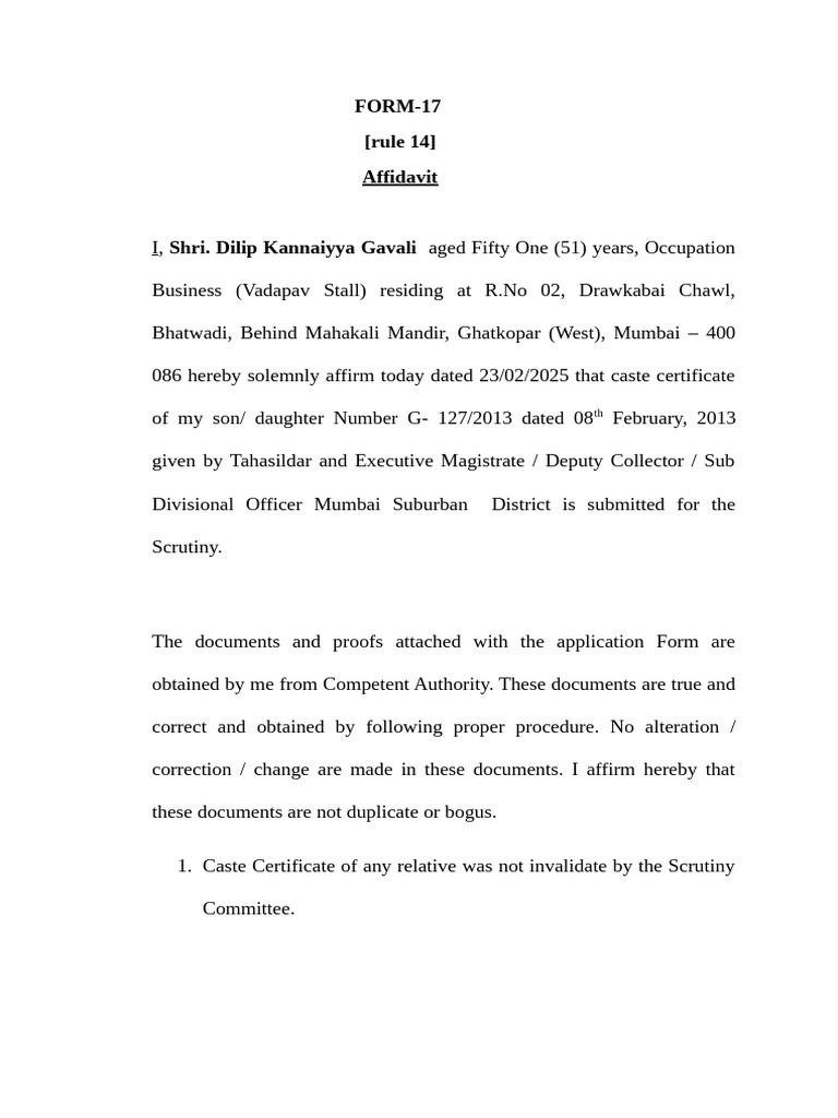 Affidavit for Caste Certificate Scrutiny | PDF