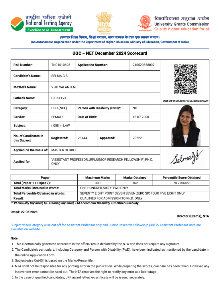 UGC NET December 2024 Scorecard | PDF | Qualifications